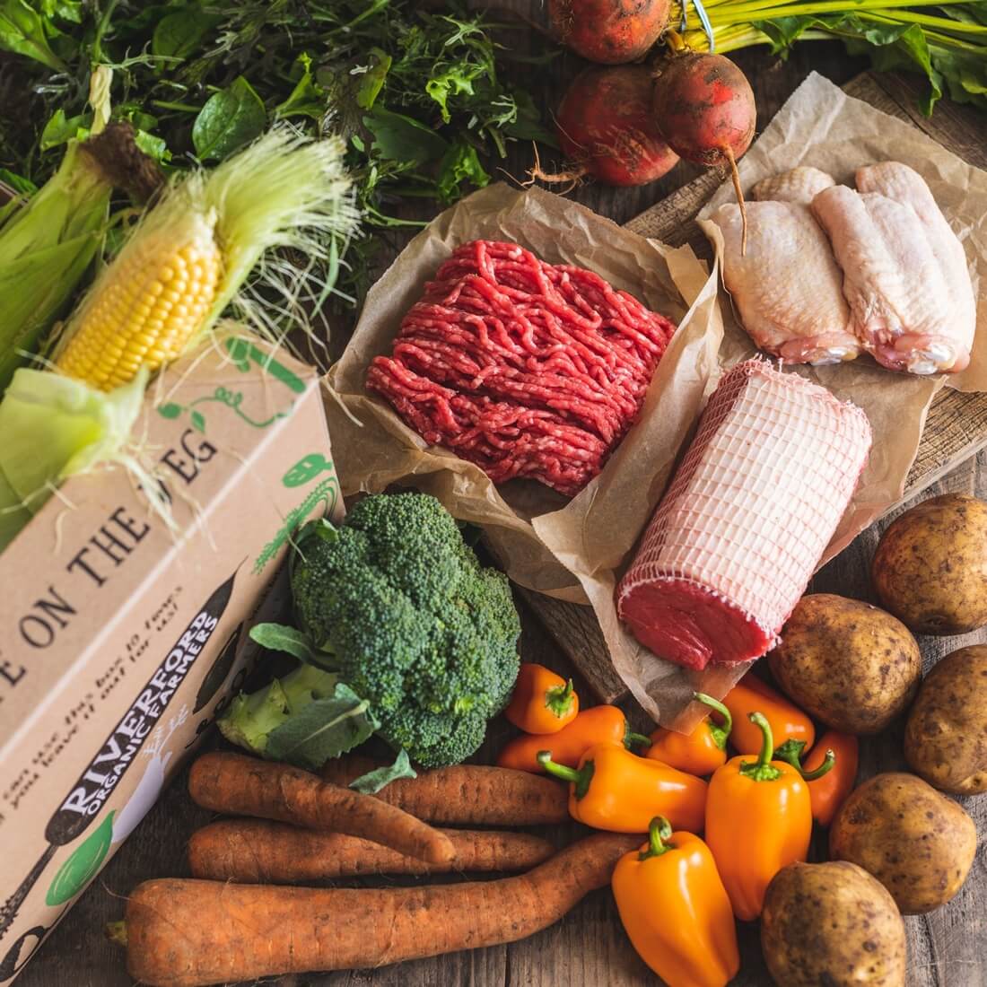 Organic Seasonal organic veg box plus meat – small / Riverford