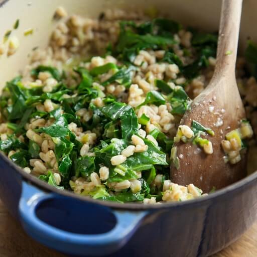 Spring greens and spelt risotto with thyme recipe / Riverford