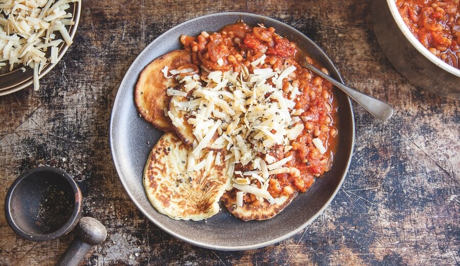 BBQ beans and potato pancakes with smoked cheddar recipe / Riverford