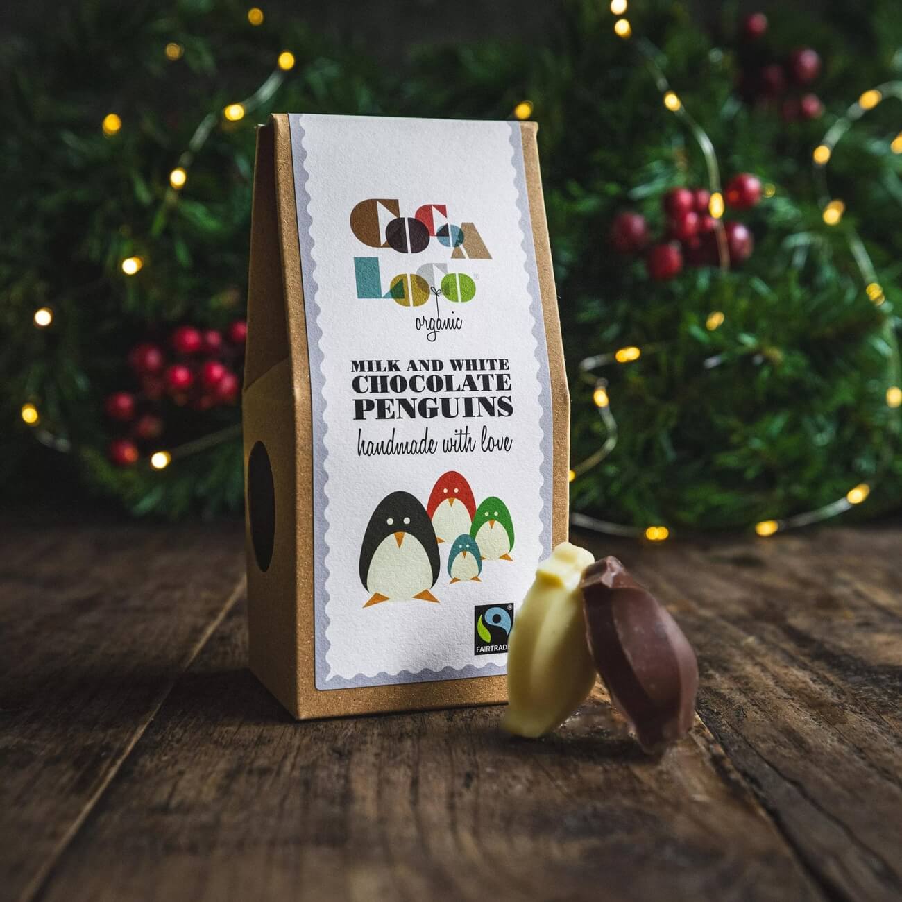 Organic Cocoa Loco Milk & White Chocolate Penguins 110g / Riverford