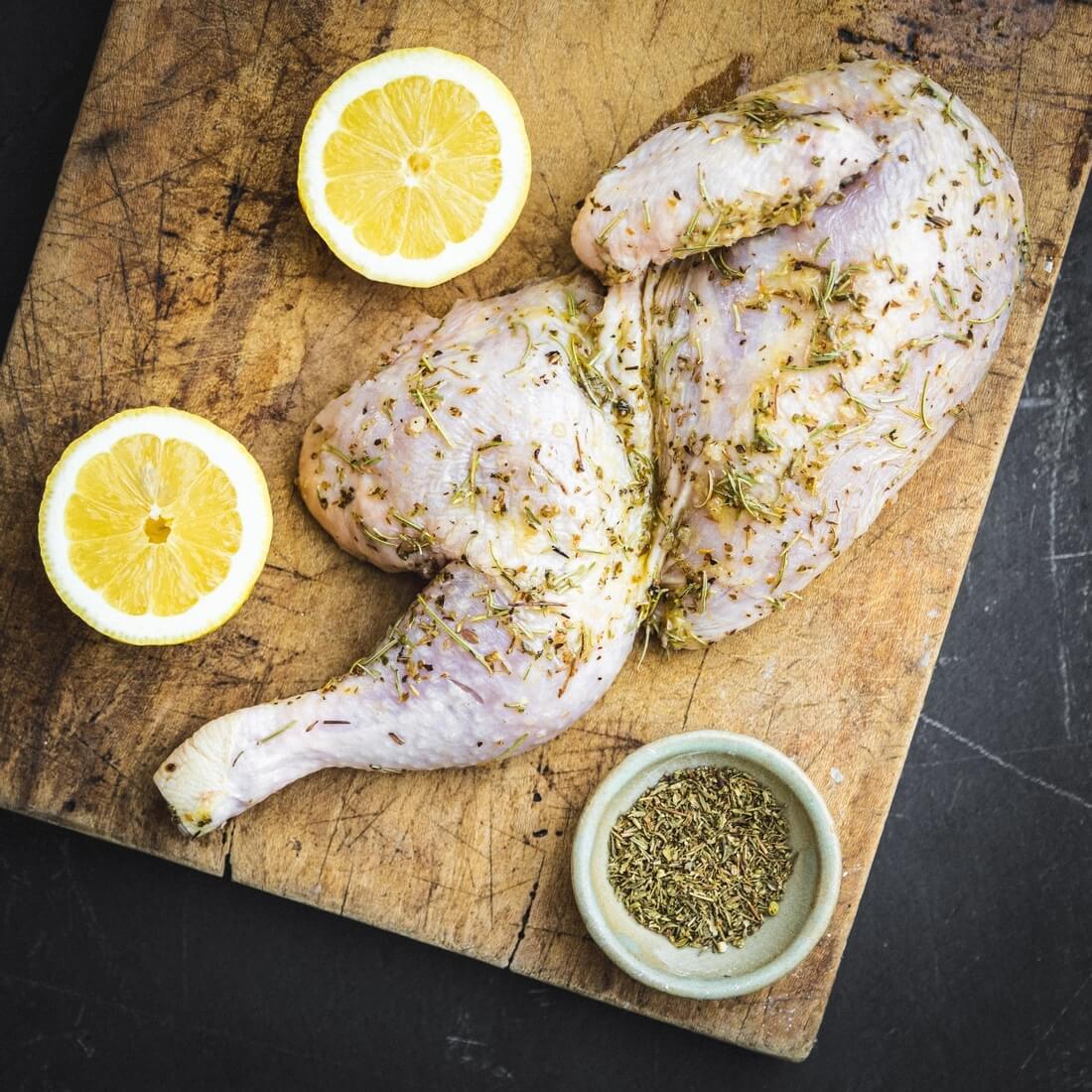 Organic Half chicken with lemon and herbs 700g / Riverford