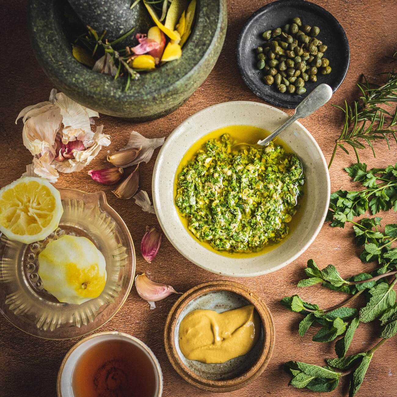 Organic Easter roast marinade & green sauce kit / Riverford