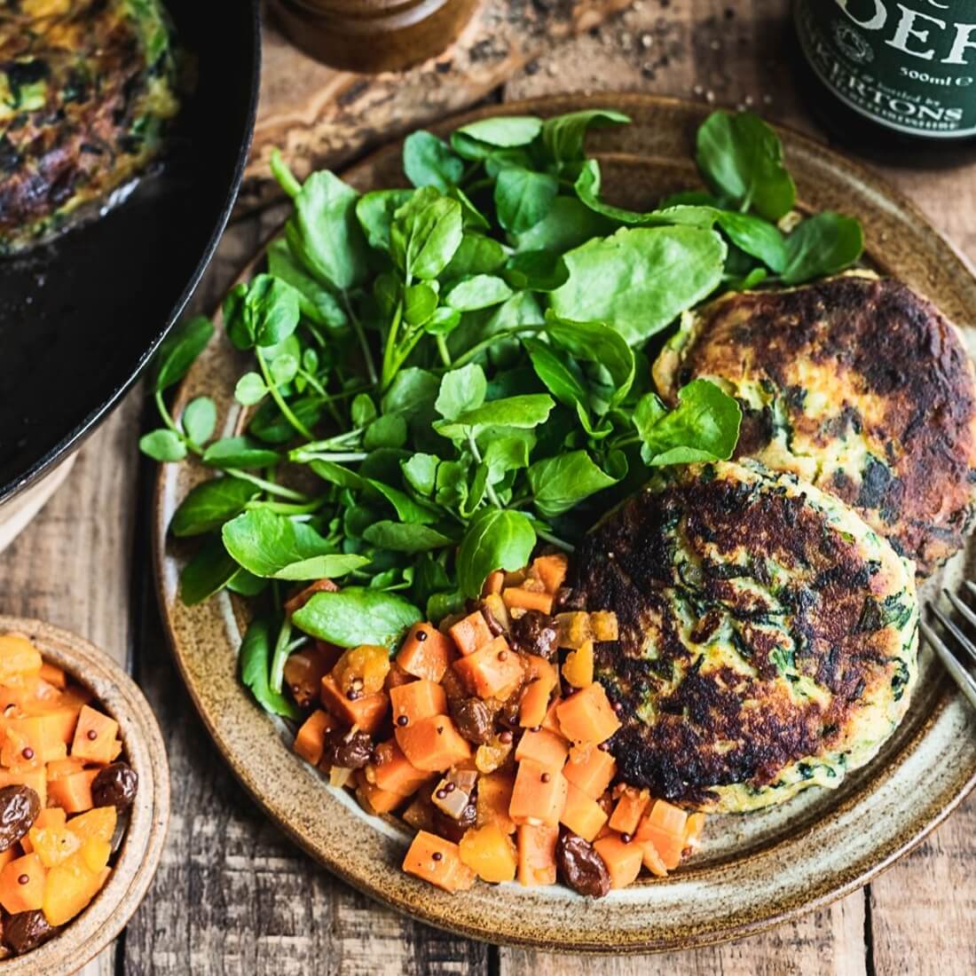 Potato and wild garlic cakes with carrot chutney recipe / Riverford