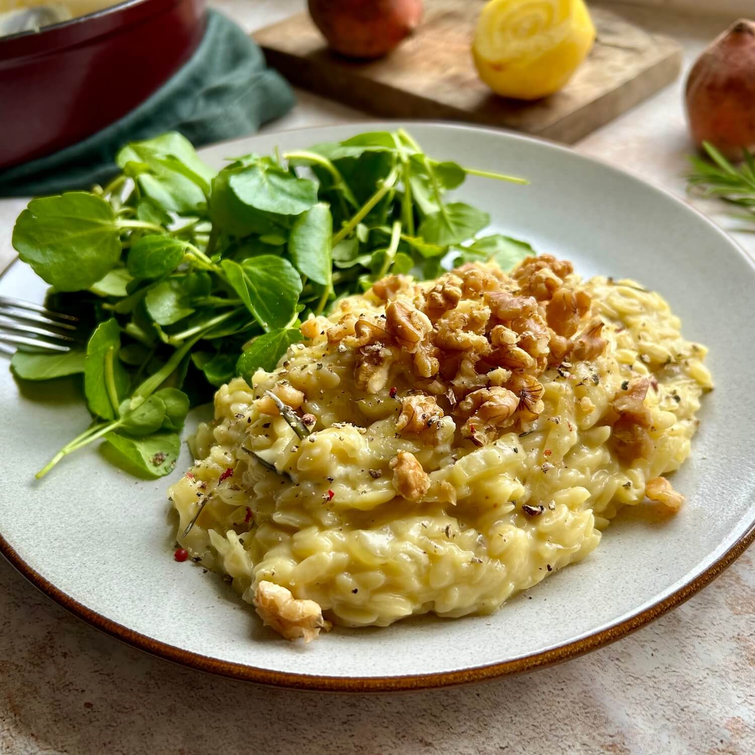 Golden beetroot orzotto with rosemary & goat’s cheese / Riverford