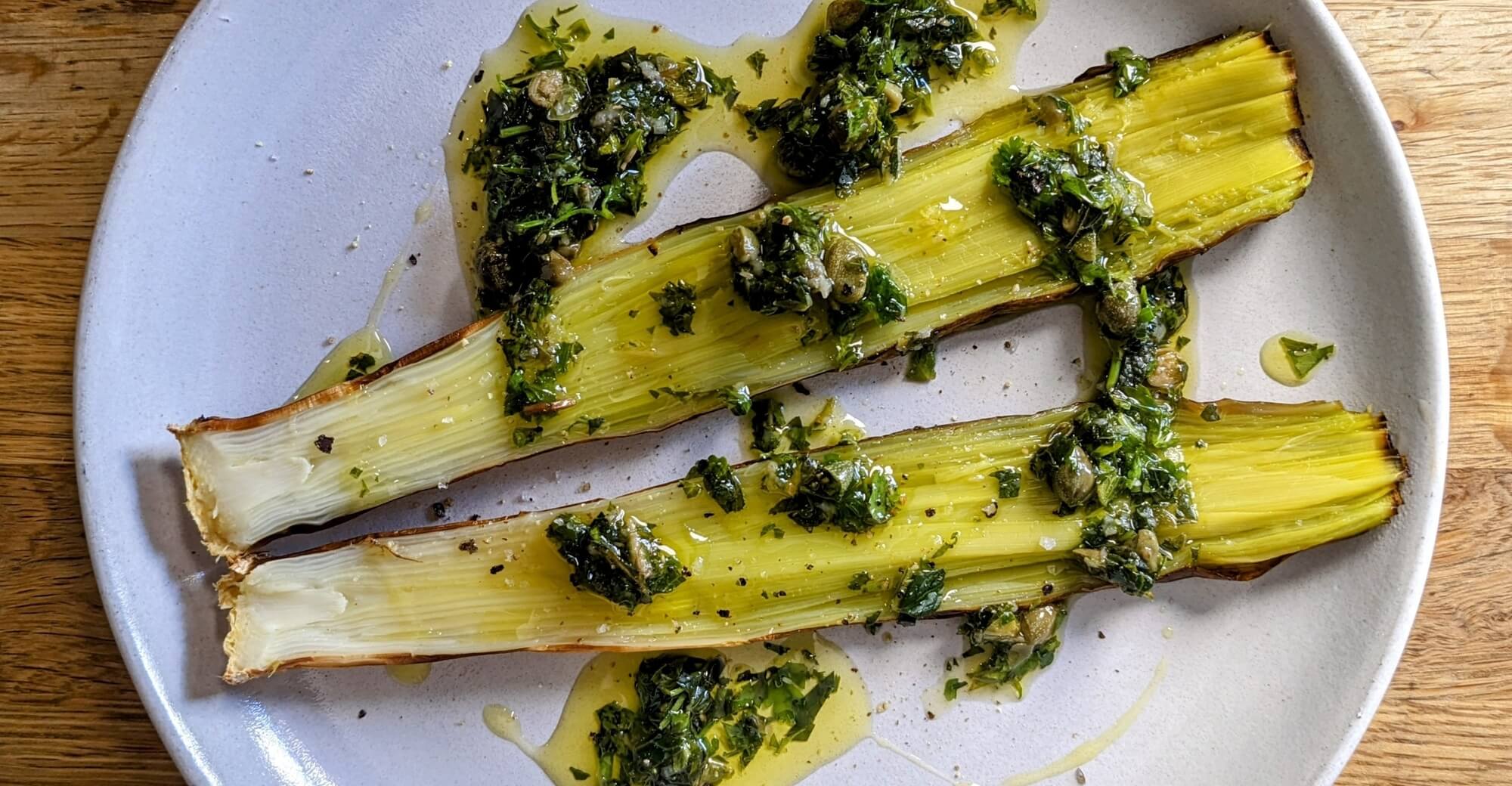 Air Fryer Burnt Leeks with Green Sauce recipe / Riverford