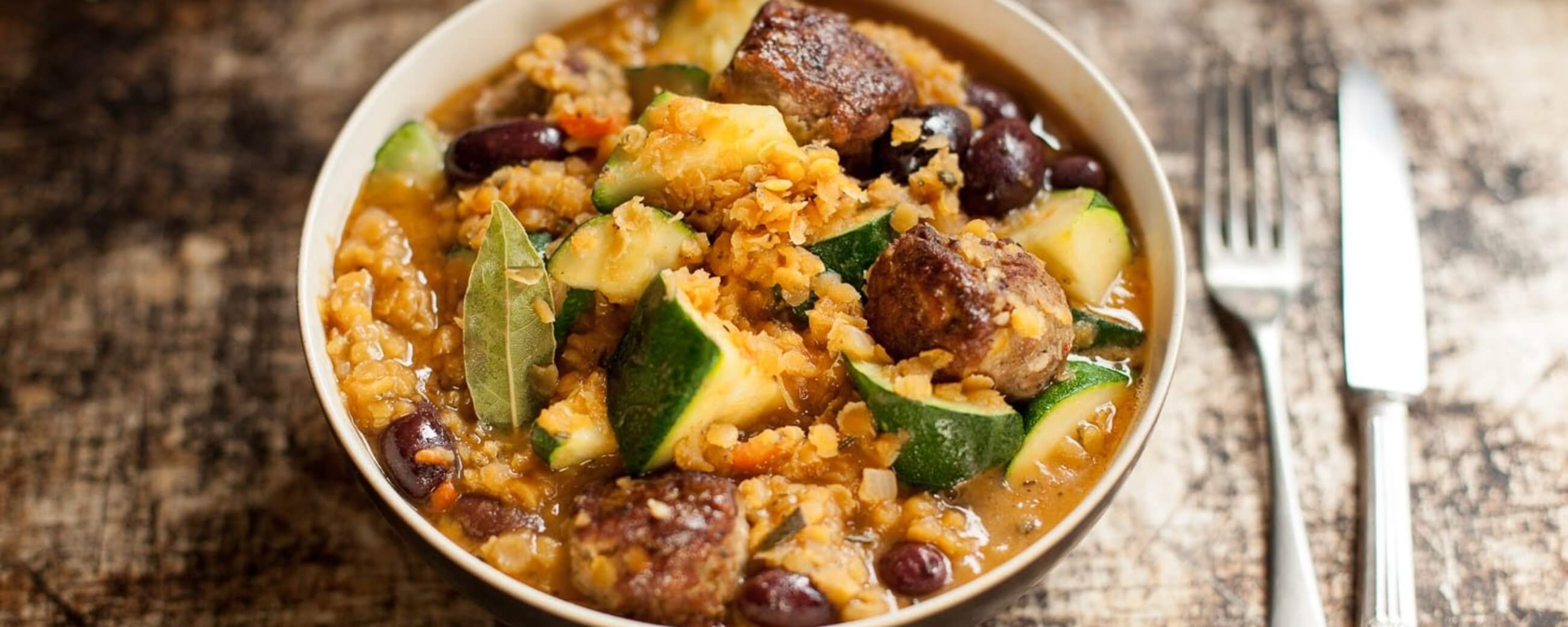 Lamb kofta meatballs with courgettes, lentils and rosemary / Riverford