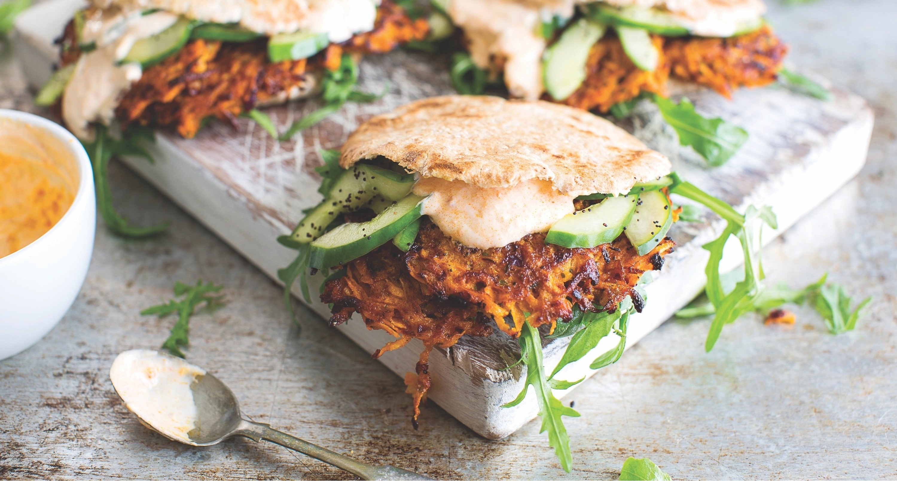 Carrot fritter pittas recipe / Riverford