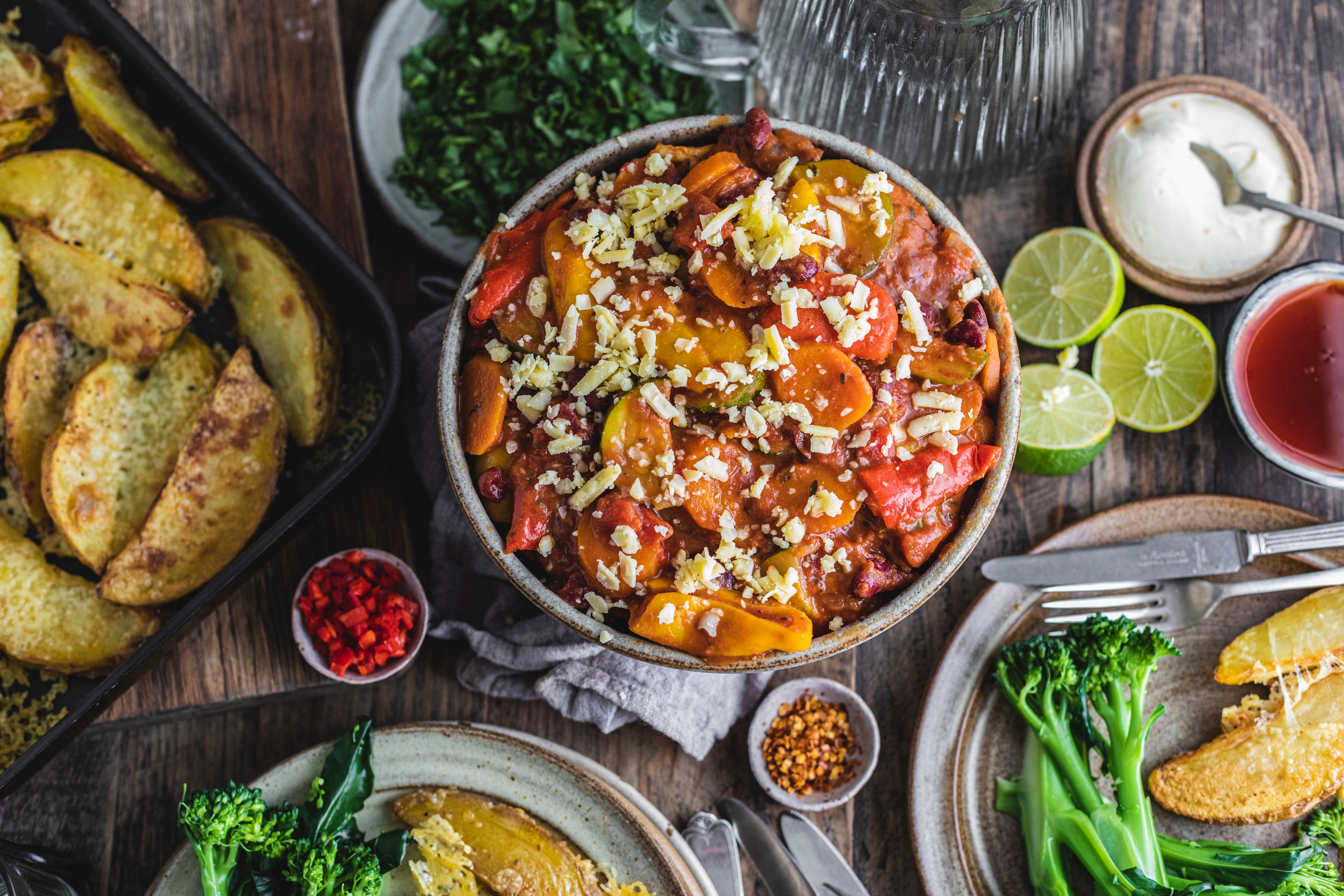 Mild veg chilli & cheesy wedges recipe / Riverford