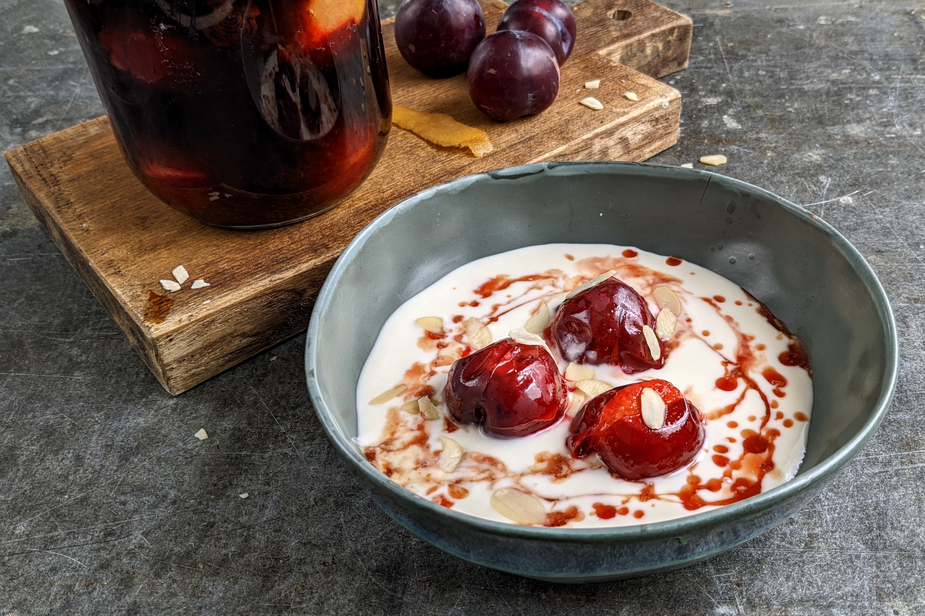 Plums in syrup with lemon peel and cinnamon recipe / Riverford