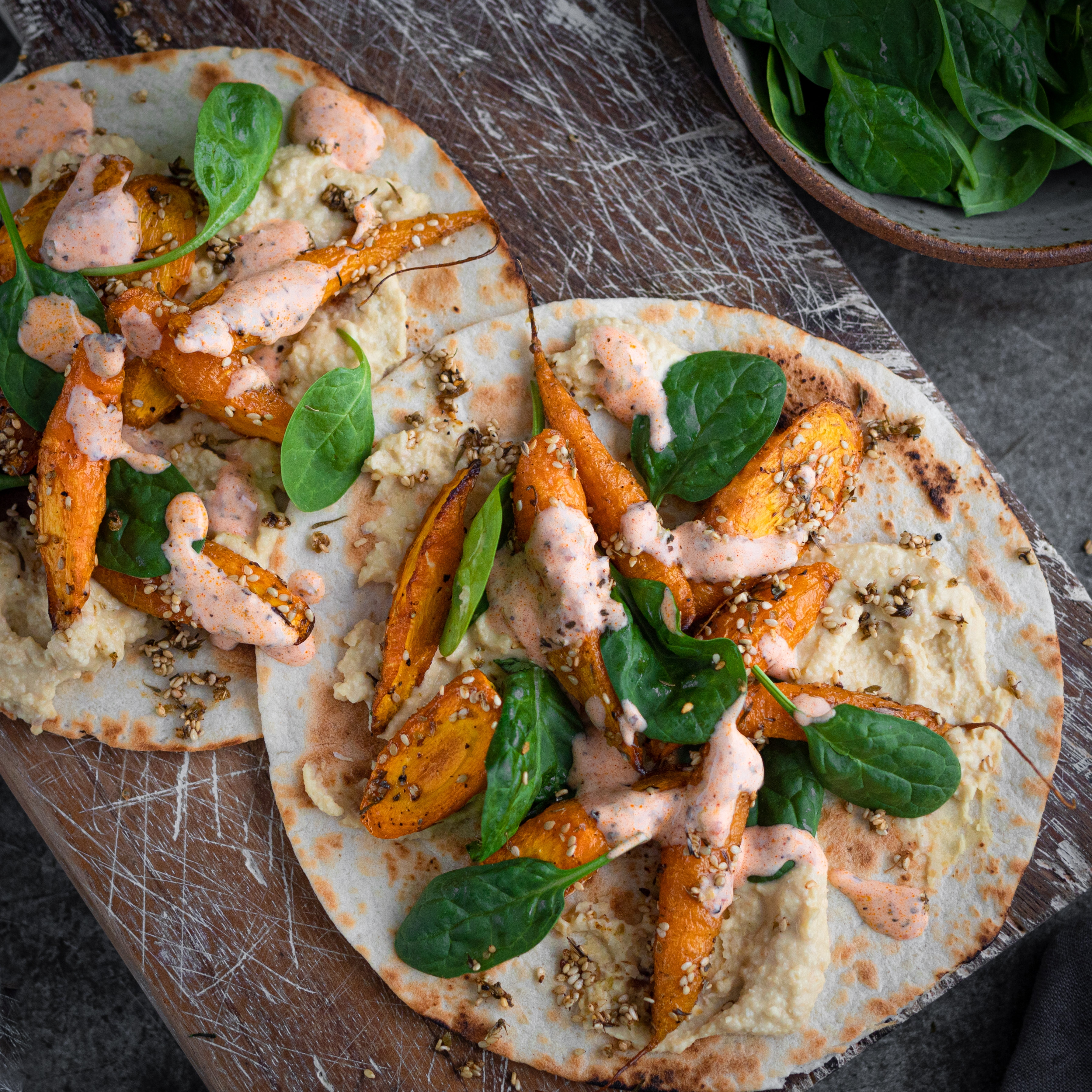 Za'atar Carrot & Smoked Hummus Wraps recipe / Riverford