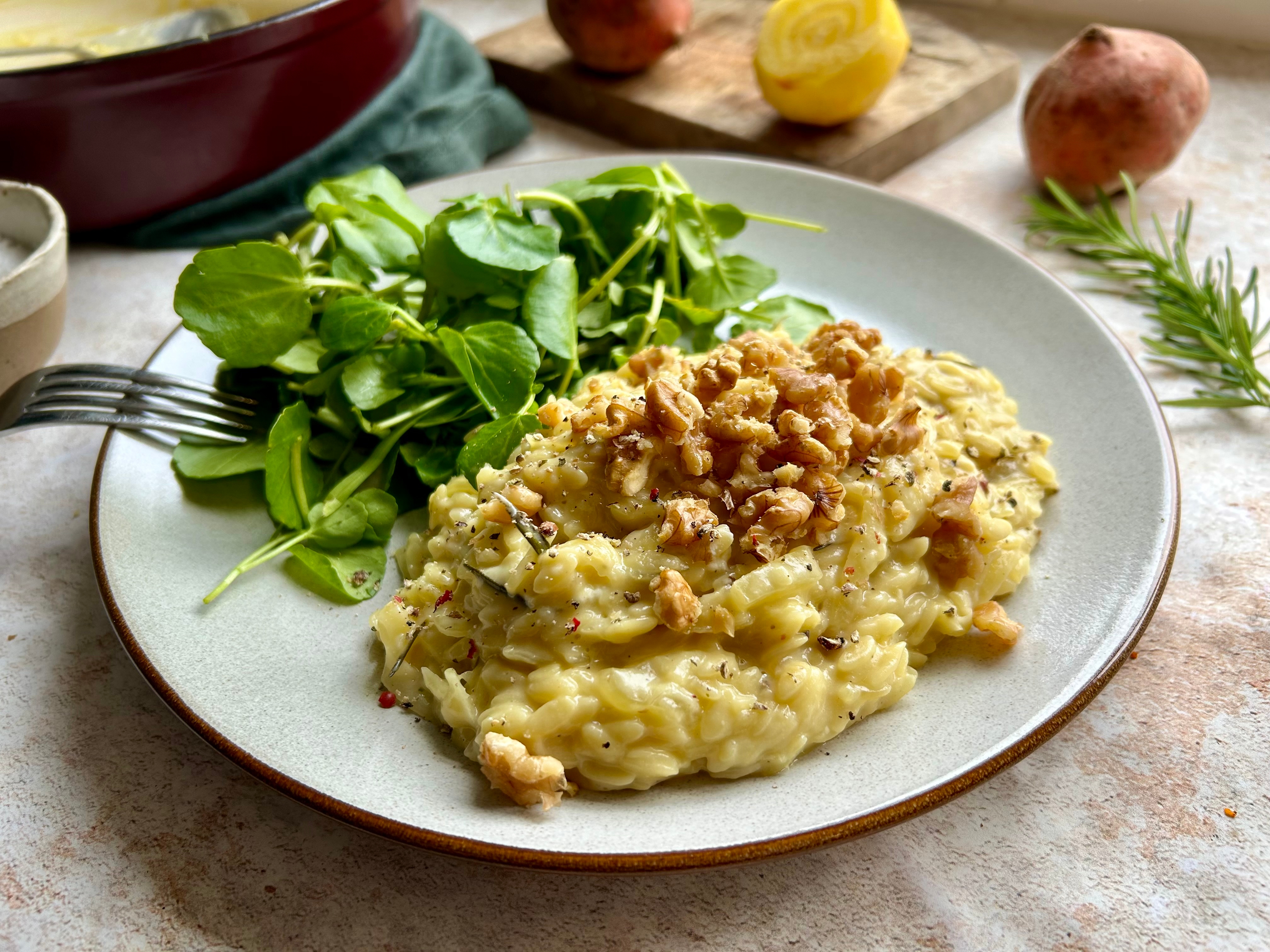 Golden beetroot orzotto with rosemary & goat’s cheese / Riverford