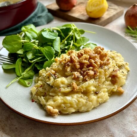 Golden beetroot orzotto with rosemary & goat’s cheese / Riverford