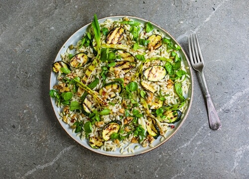 Charred Courgette, Lemon & Caper Orzo recipe / Riverford