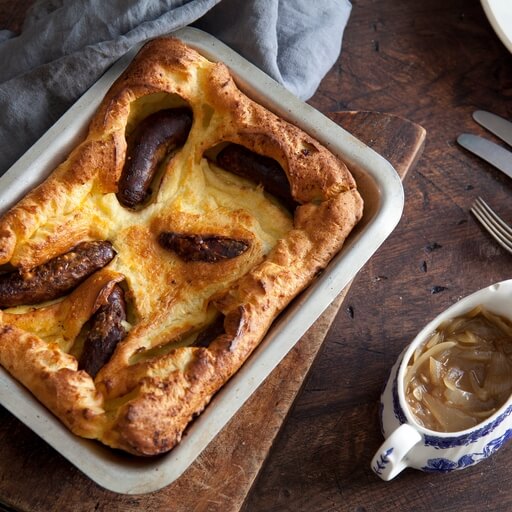 Sausage and squash toad in the hole with mustard and onion... / Riverford
