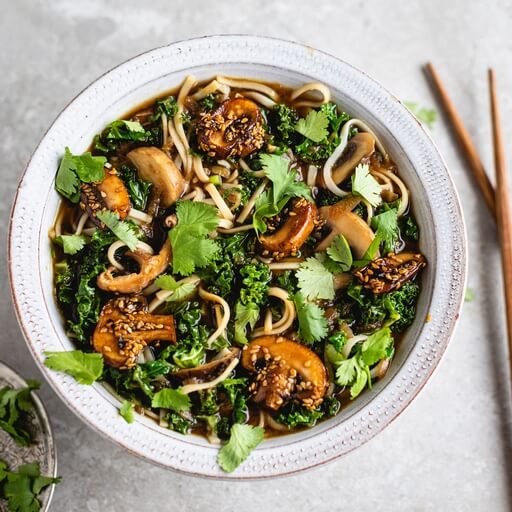 Kale miso noodles with Crispy Mushrooms recipe / Riverford