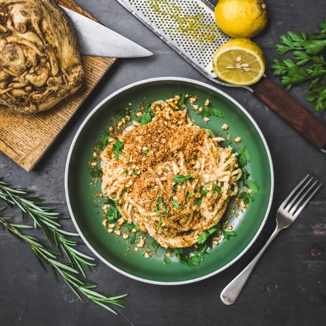 Creamy celeriac spaghetti recipe / Riverford