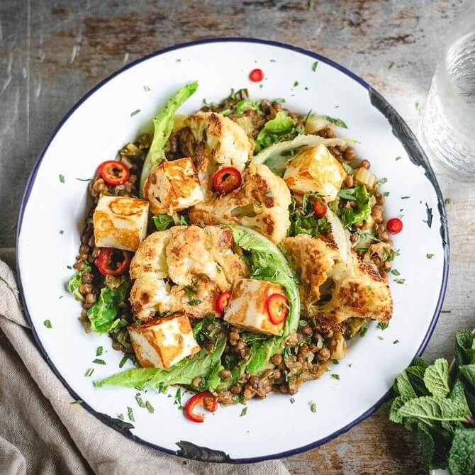 Tahini roasted cauliflower with halloumi & lentils recipe / Riverford