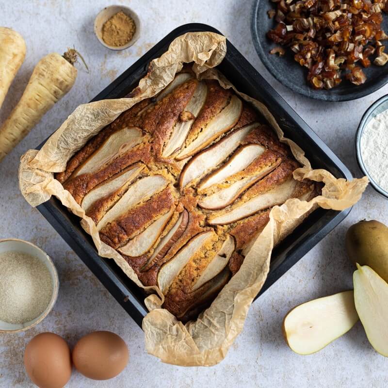 Pear, parsnip & ginger pudding recipe / Riverford