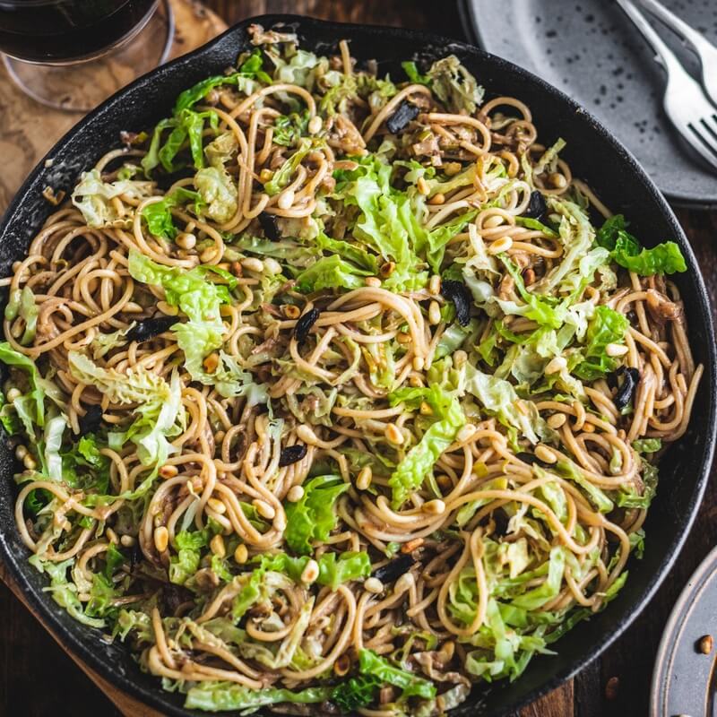 Savoy Cabbage & Black Garlic Spaghetti recipe / Riverford