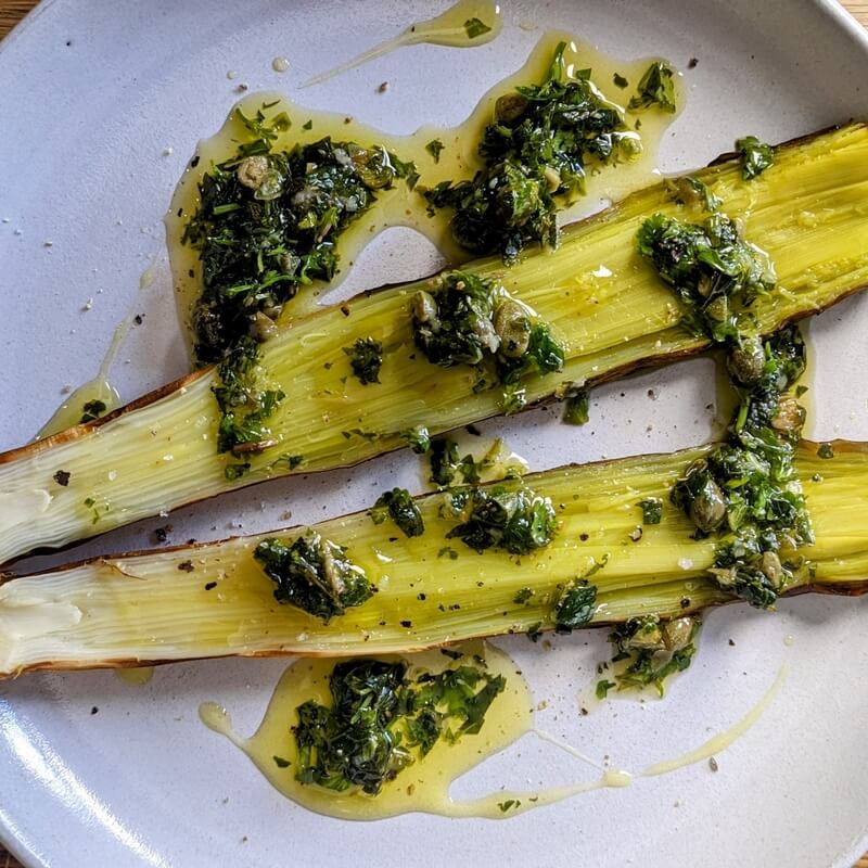 Air Fryer Burnt Leeks with Green Sauce recipe / Riverford