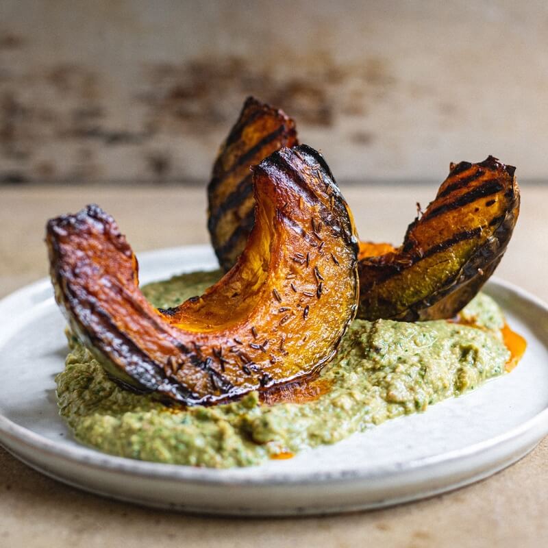 Crown Prince squash steaks with warm hummus recipe / Riverford