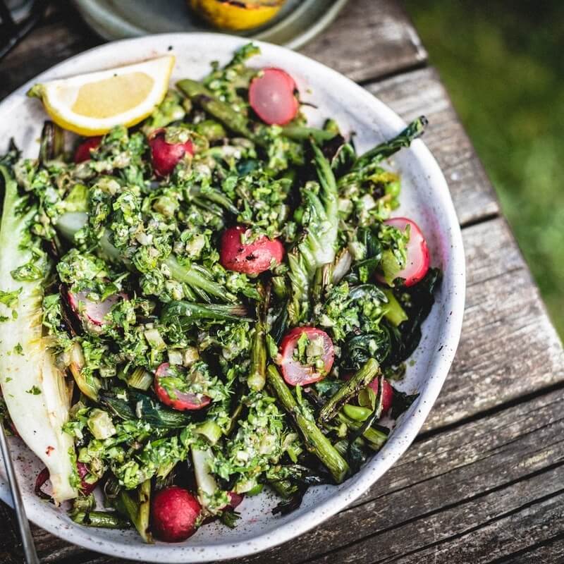 Chargrilled spring veg with green sauce and ricotta / Riverford