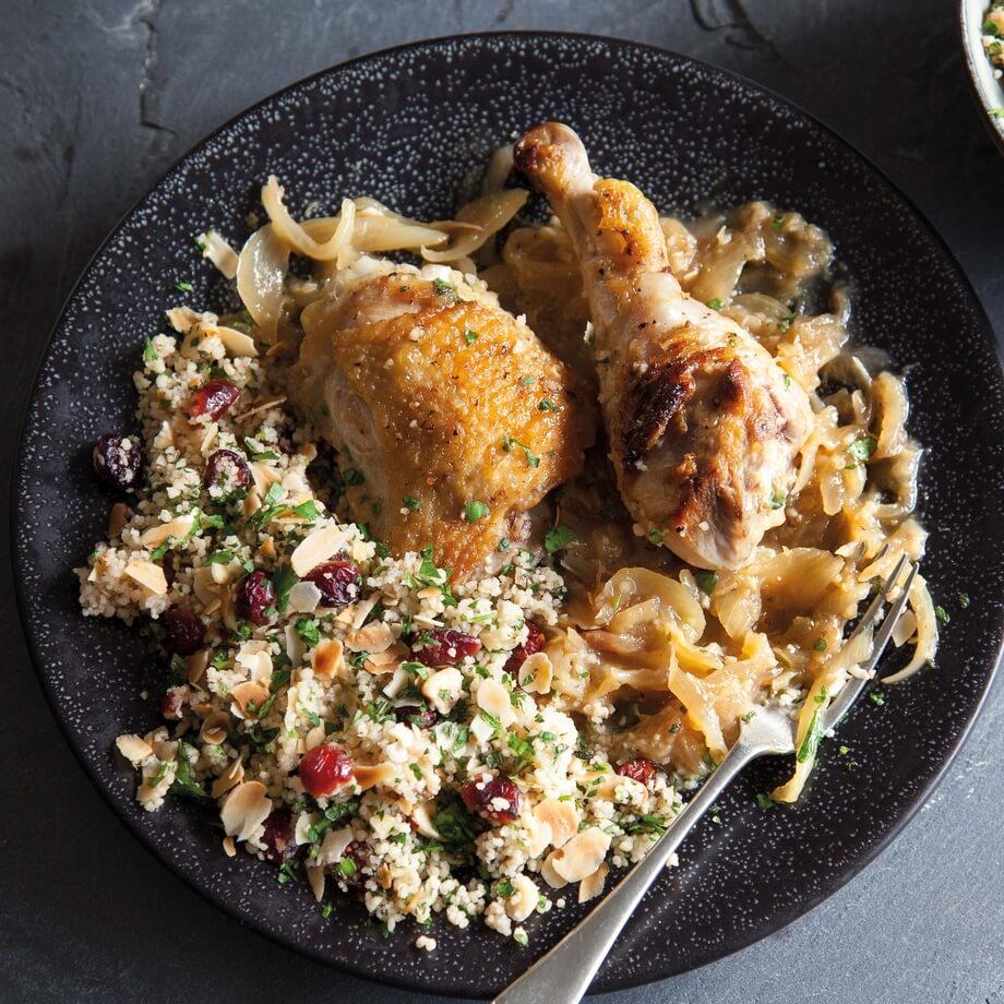 Picada chicken with slow cooked leeks and couscous recipe / Riverford