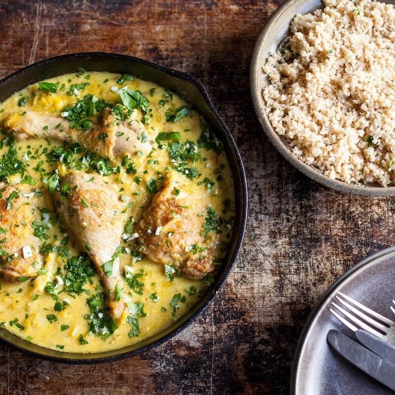 Picada chicken with slow cooked leeks and couscous recipe / Riverford