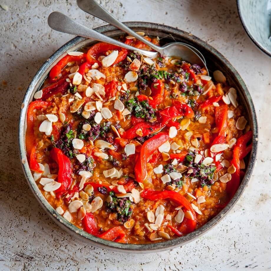 Roasted peppers with olives, lentils & fried halloumi / Riverford