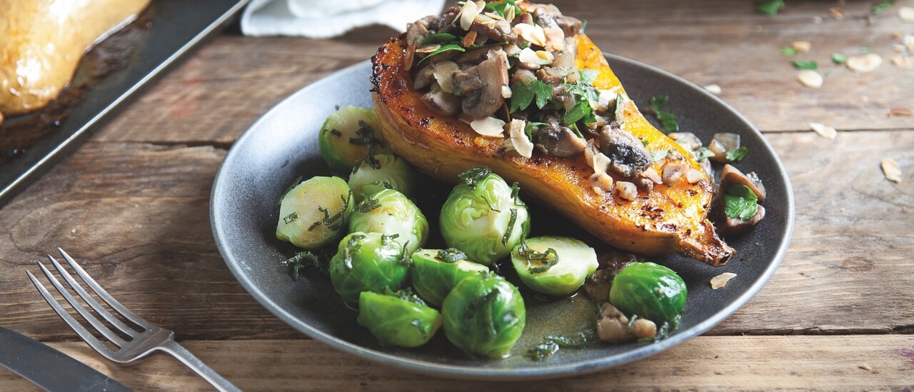 Roasted squash with sage buttered sprouts, chestnut, almon... / Riverford