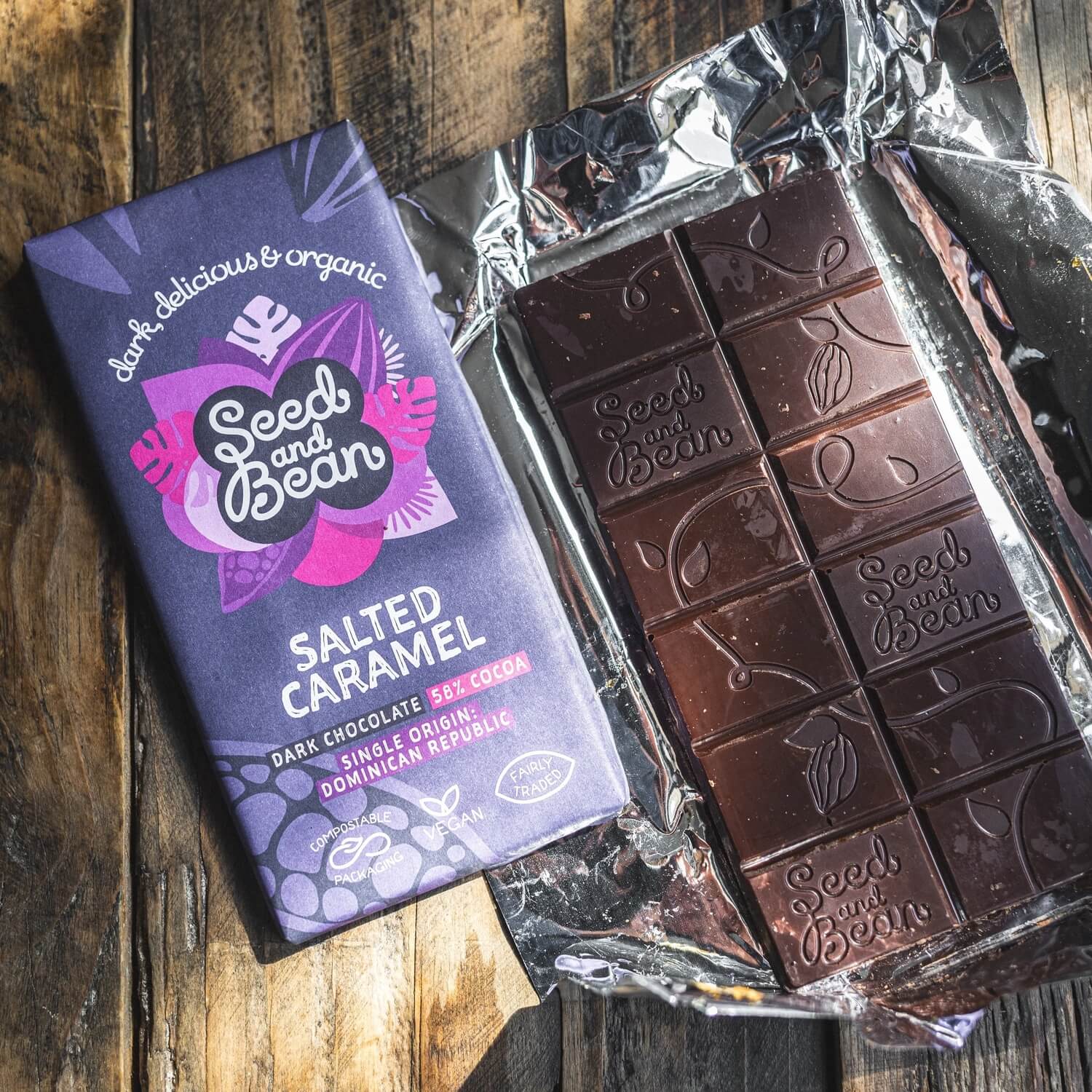 Organic Seed & Bean Salted Caramel Chocolate 75g / Riverford