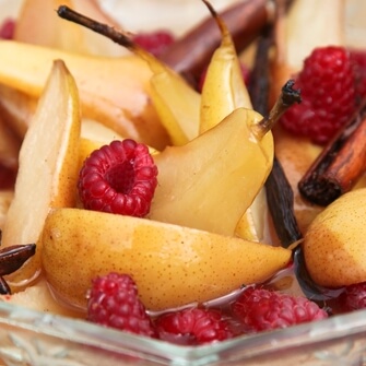 Spiced pears with raspberries recipe / Riverford