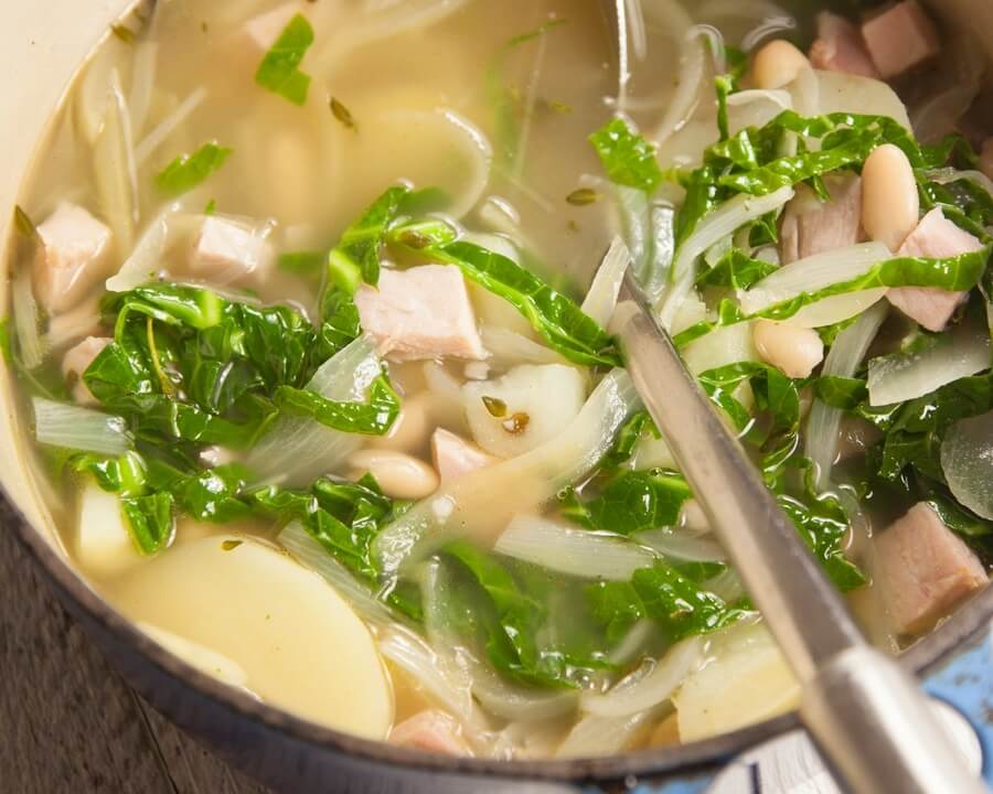 Spring green, ham and bean broth recipe / Riverford