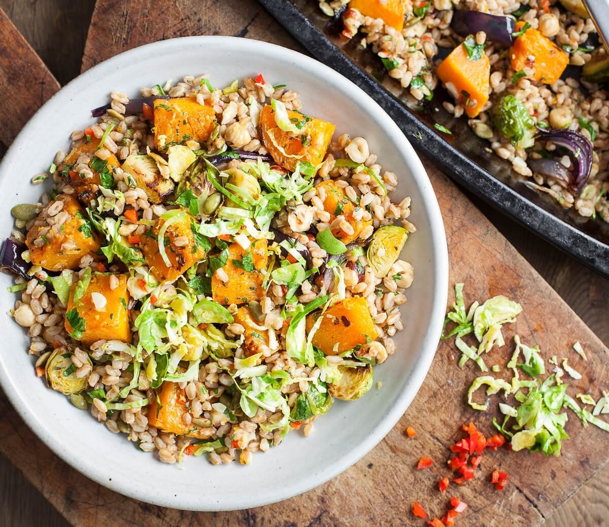 Squash, chilli and Brussels sprout spelt bowl recipe / Riverford