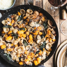 Squash & chestnut pasta with crispy sage & garlic recipe / Riverford