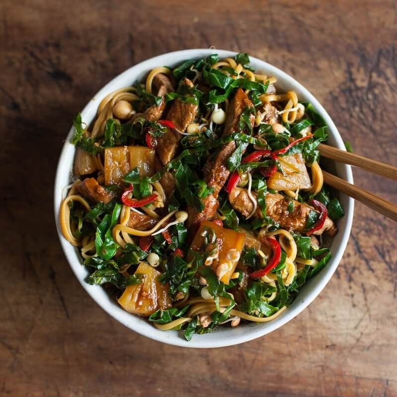 Stir-fried Asian noodles with pak choi and chicken recipe / Riverford