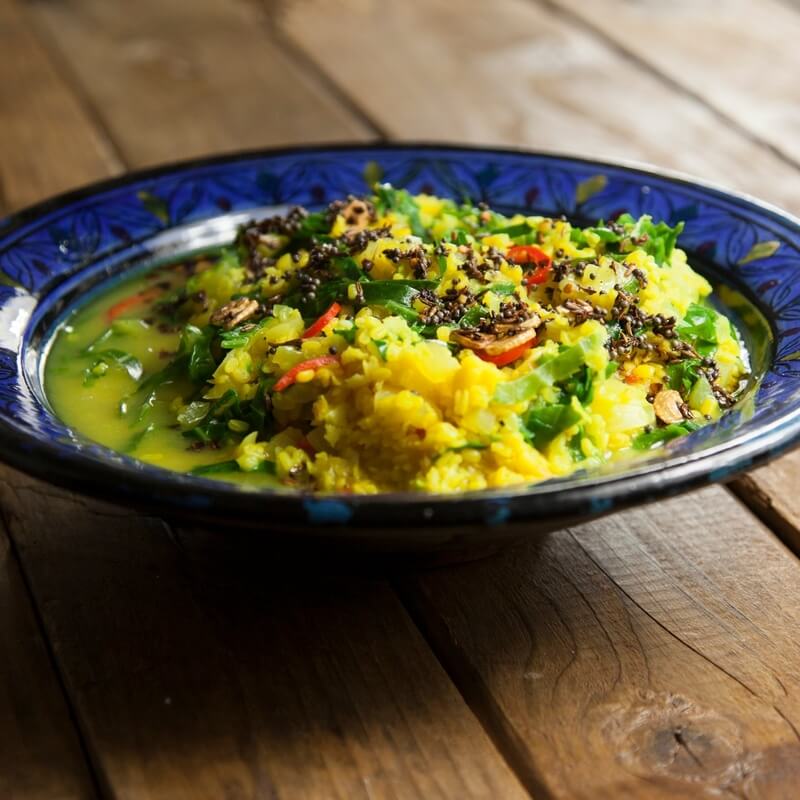 Spring green mung dal & chickpea curry with shiitake / Riverford
