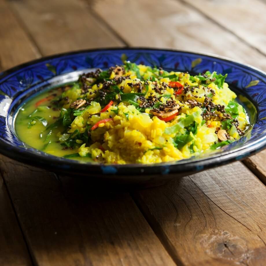 Spring green mung dal & chickpea curry with shiitake / Riverford